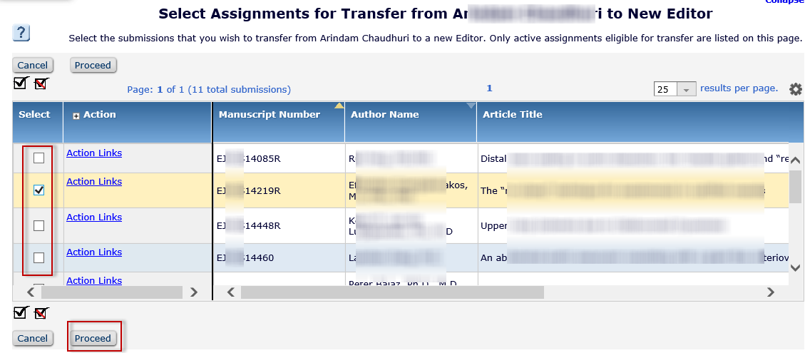 How can I reassign multiple submissions from one editor to another in Editorial Manager ...